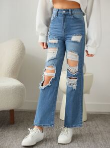 SHEIN Teen Girls Ripped Straight Leg Jeans | SHEIN USA