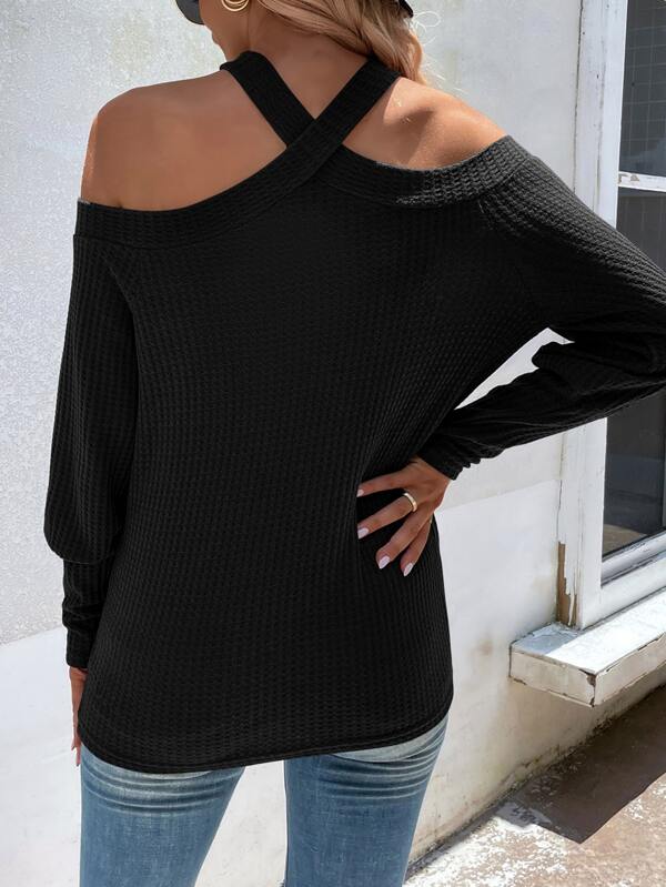 SHEIN LUNE Solid Criss Cross Cold Shoulder Tee | SHEIN USA