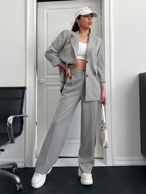 SHEIN BIZwear Solid Lapel Neck Blazer & Suit Pants Workwear | SHEIN