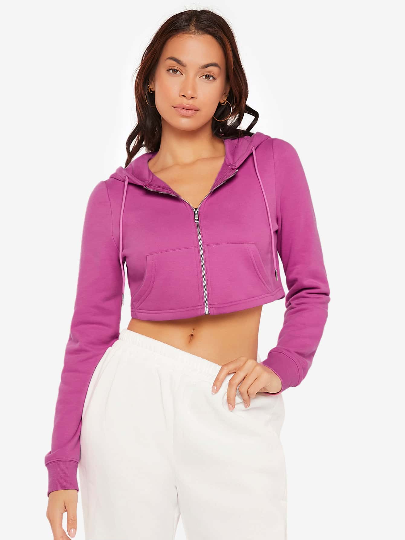 SHEIN BASICS Solid Zip Up Drawstring Hoodie | SHEIN USA