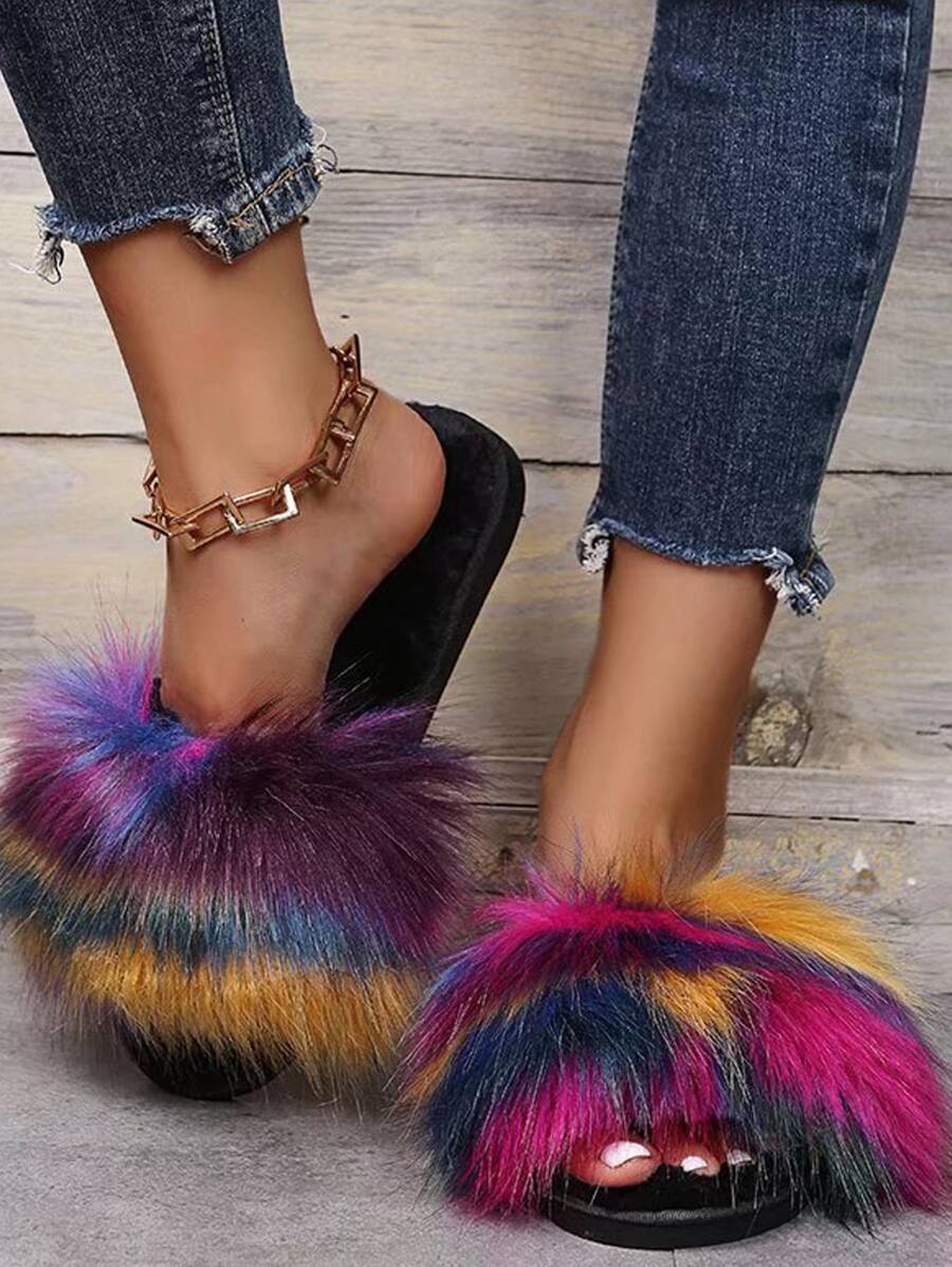 Color Block Fluffy Decor Flat Slide Sandals | SHEIN USA