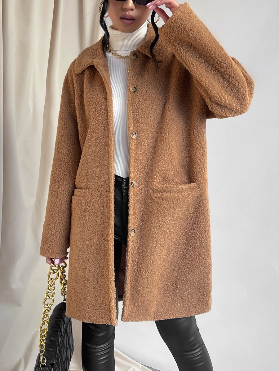 Drop Shoulder Button Up Teddy Coat | SHEIN USA