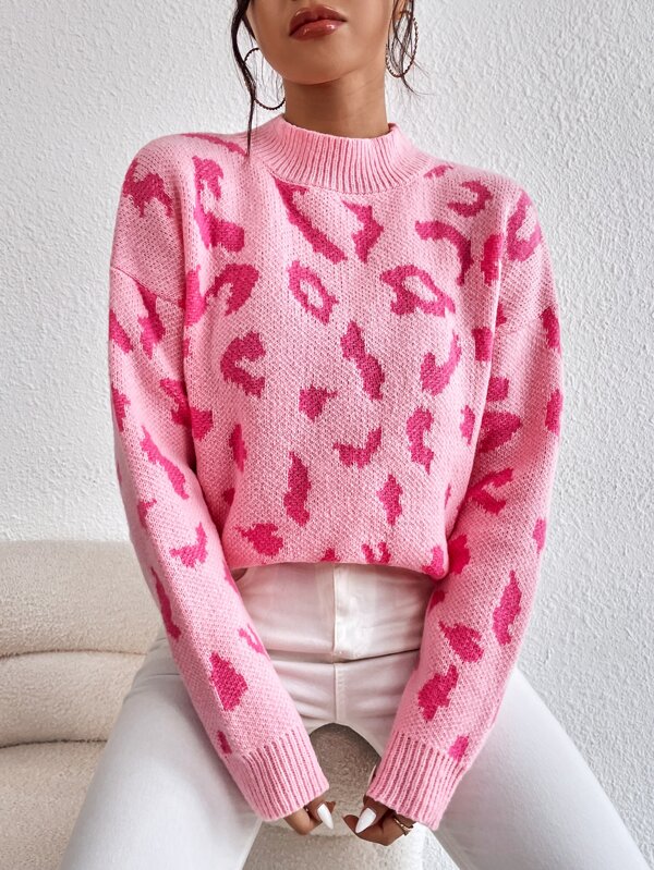 Shein Unity Leopard Pattern Mock Neck Drop Shoulder Sweater Shein Usa