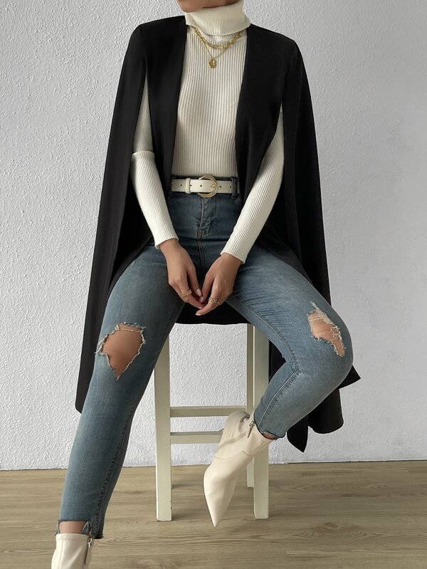 SHEIN Privé Solid Open Front Cape Coat | SHEIN USA