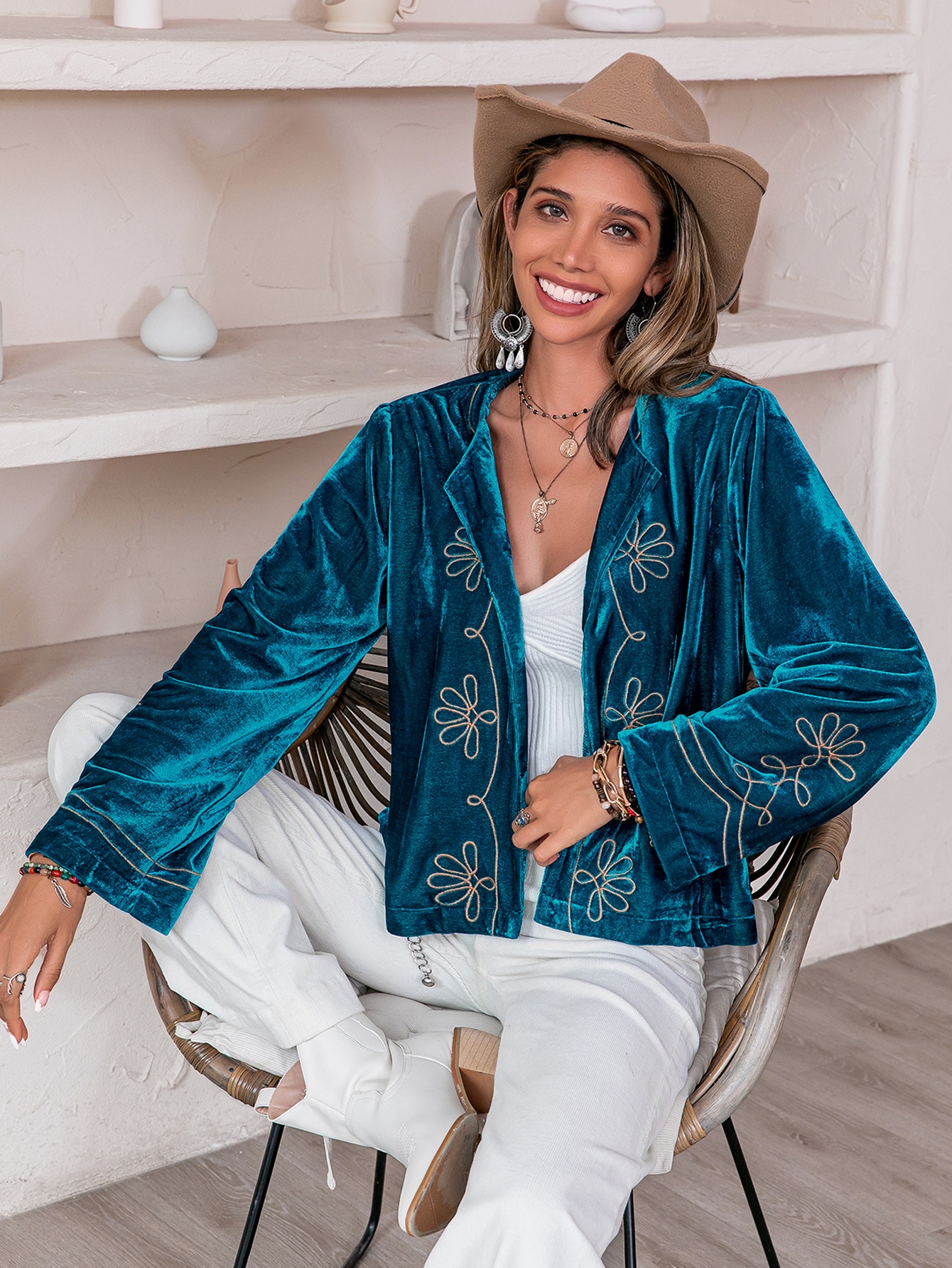 Rusttydustty Floral Embroidery Open Front Velvet Jacket | SHEIN UK
