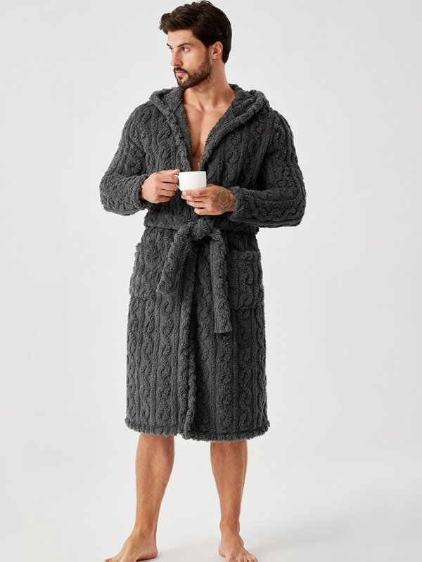 Men Pocket Patched Hooded Belted Lounge Robe | SHEIN USA