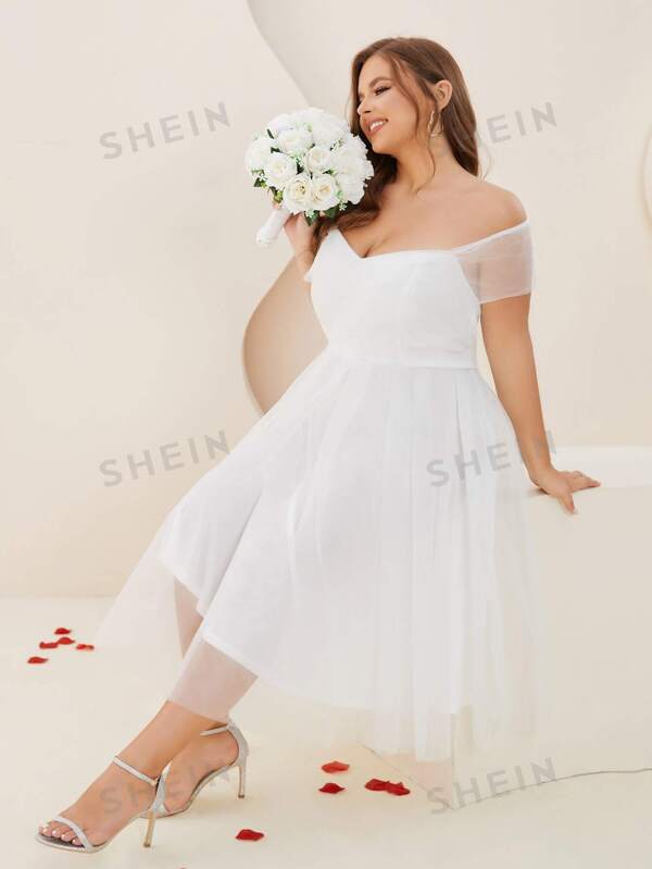 Plus Off Shoulder Wrap Cross Mesh Dress | Shein Usa