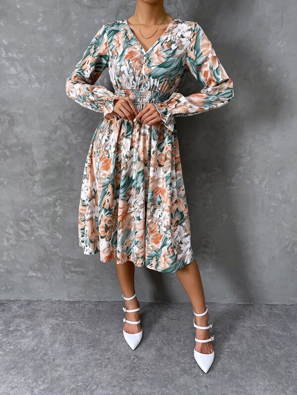 Shein Vcay Allover Floral Print Flounce Sleeve Shirred Dress Shein Usa