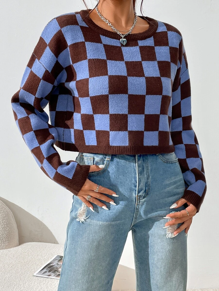 SHEIN EZwear Checkered Pattern Drop Shoulder Sweater | SHEIN USA