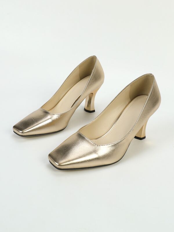 Metallic Square Toe Sculptural Heeled Court Pumps | SHEIN USA