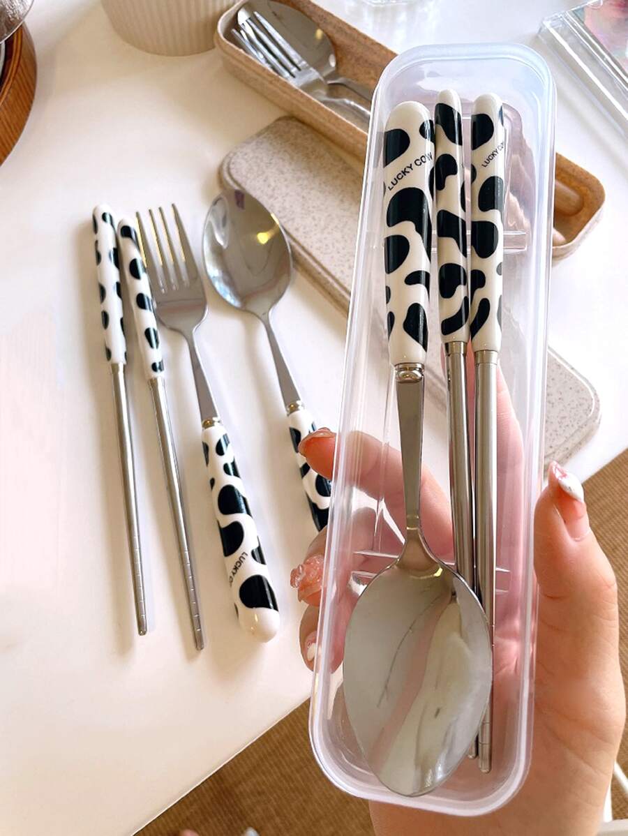 3pcs Cow Pattern Fork & Spoon & Chopstick, Cartoon Stainless Steel ...