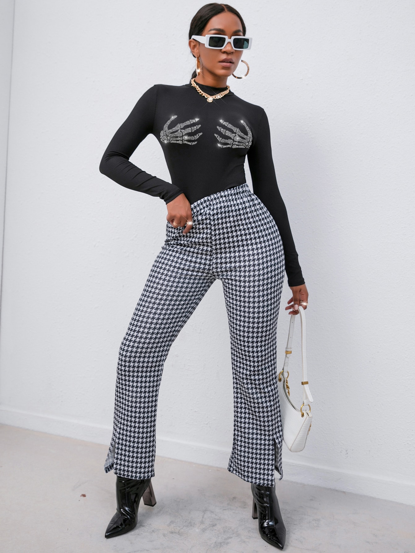 SHEIN Coolane Skeleton Rhinestone Rib-knit Slim Tee | SHEIN USA