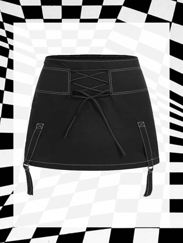 Shein Icon Plus Contrast Stitch Lace Up Front Zipper Side Skirt Shein Usa