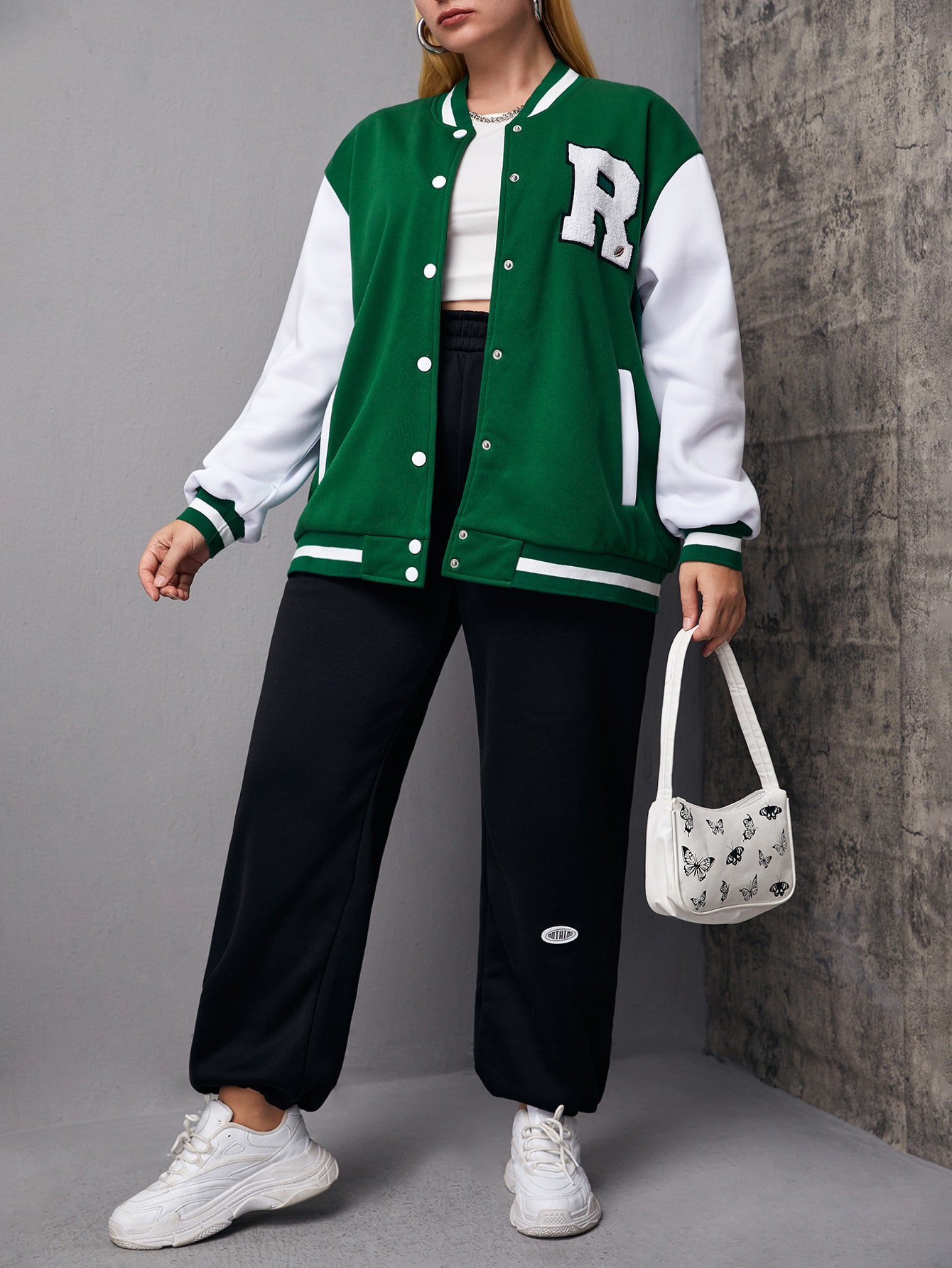 Shein Ezwear Plus Letter Patched Colour Block Drop Shoulder Varsity