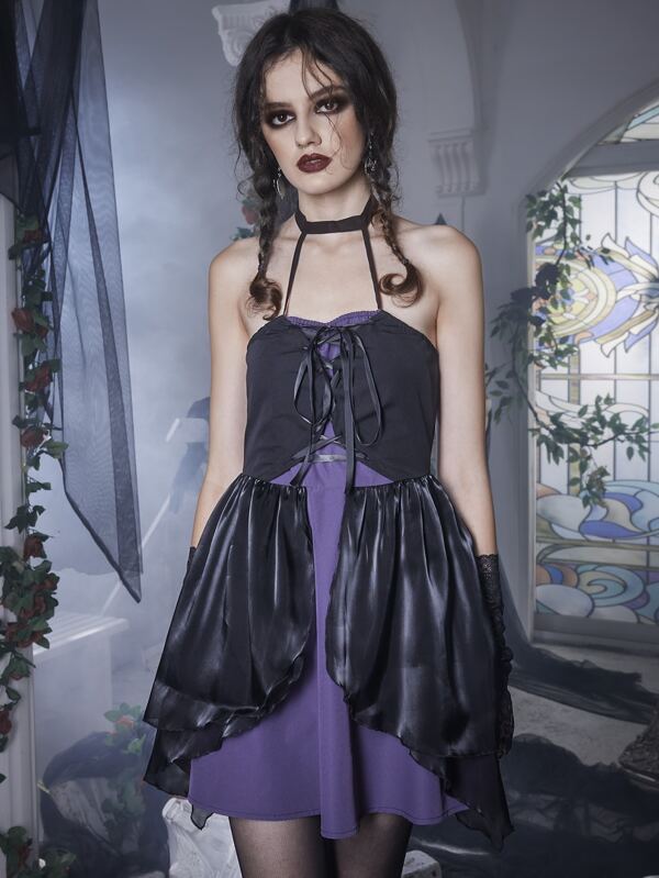 Goth Colorblock Lace Up Asymmetric Hem Halter Dress | SHEIN USA