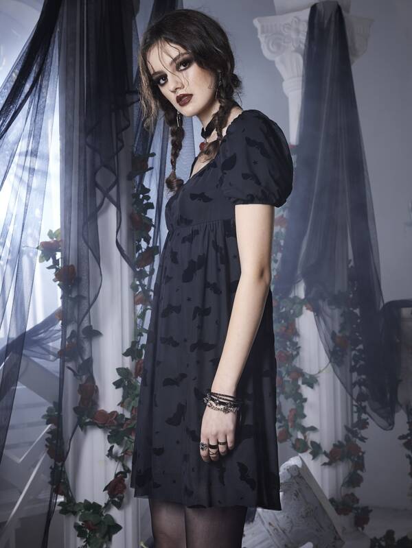 Goth Bat Print Contrast Mesh Dress Shein Uk