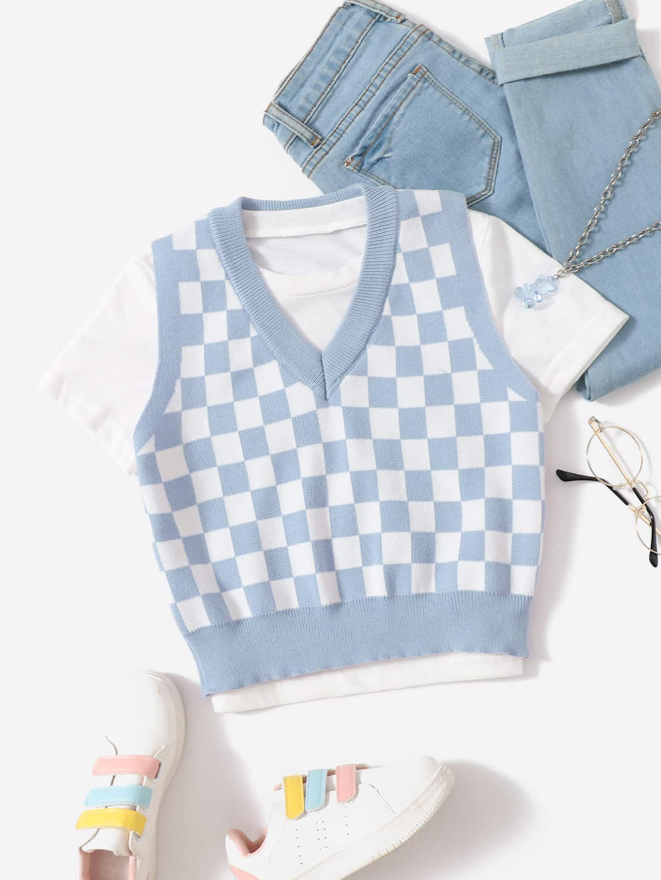 SHEIN Kids EVRYDAY Girls Checker Print Sweater Vest Without Tee | SHEIN USA