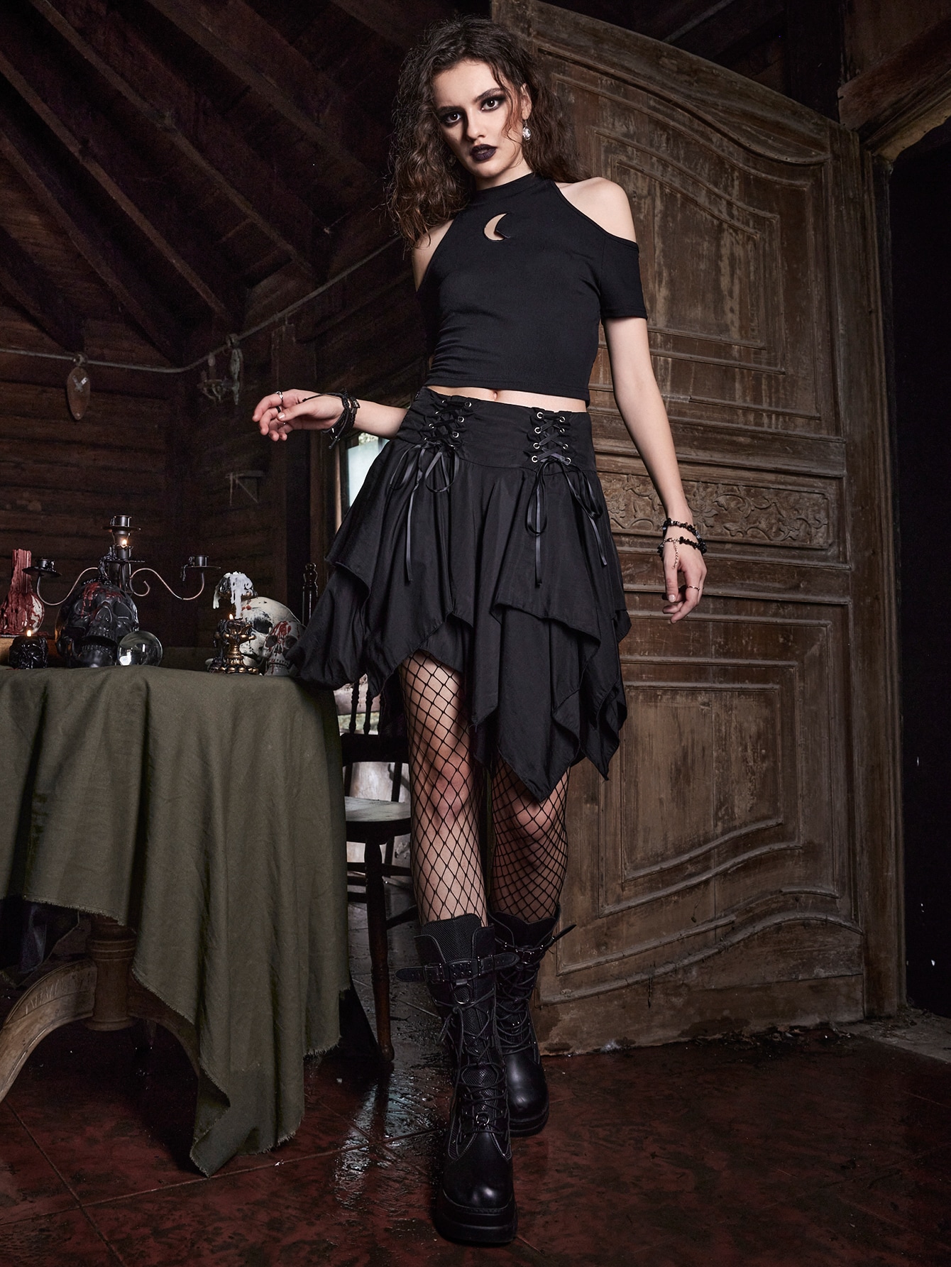 Goth Solid Lace Up Skirt | SHEIN USA
