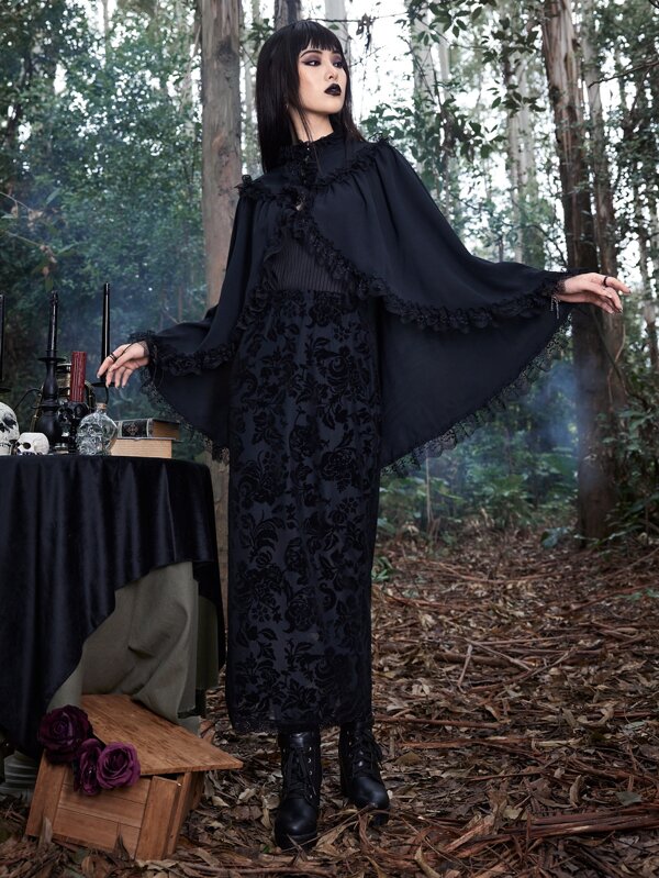 ROMWE Goth Solid Lace Trim Cape Coat | SHEIN UK