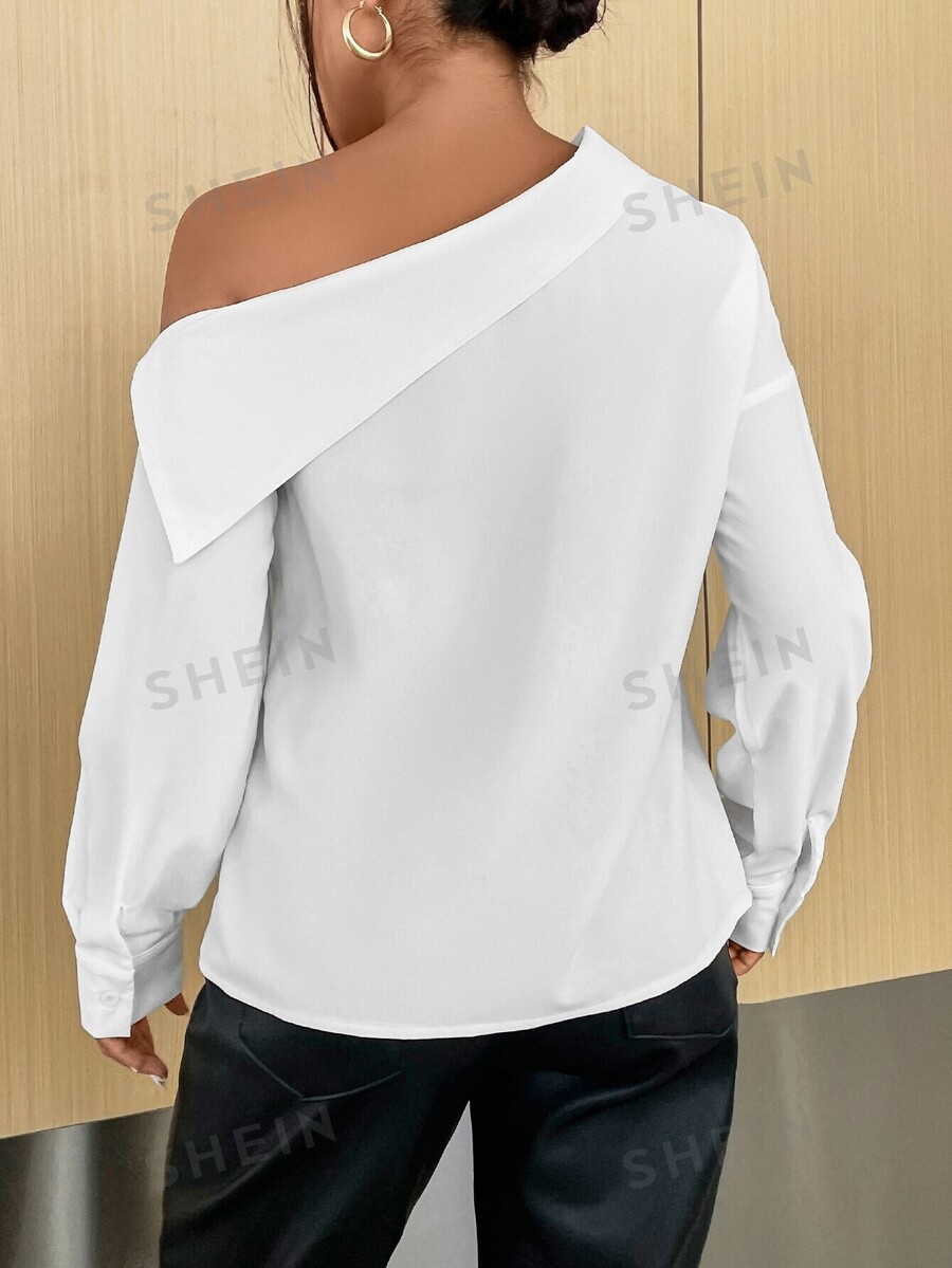 SHEIN Privé Work Women Solid Asymmetrical Neck Drop Shoulder Blouse ...
