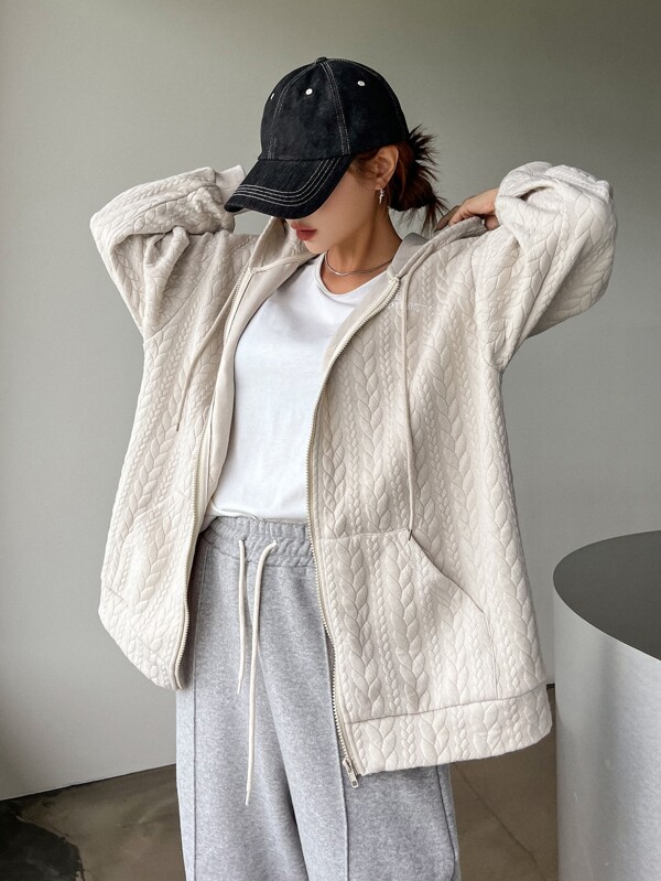 DAZY Kpop Cable Textured Zip Up Drop Shoulder Drawstring Hoodie | SHEIN USA