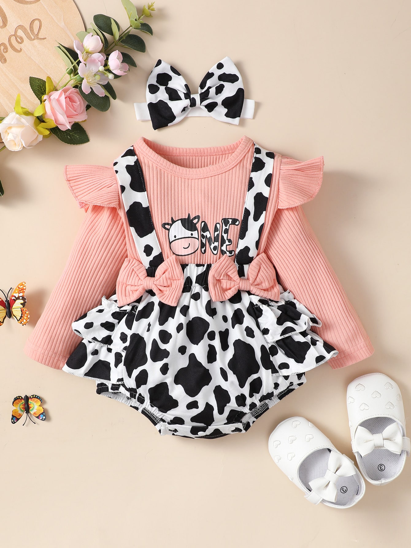 Bebé Body con estampado de vaca lazo ribete con fruncido con banda cabeza