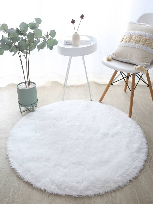 Plain Round Fuzzy Rug, Simple White Polyester Plush Carpet, For Home ...