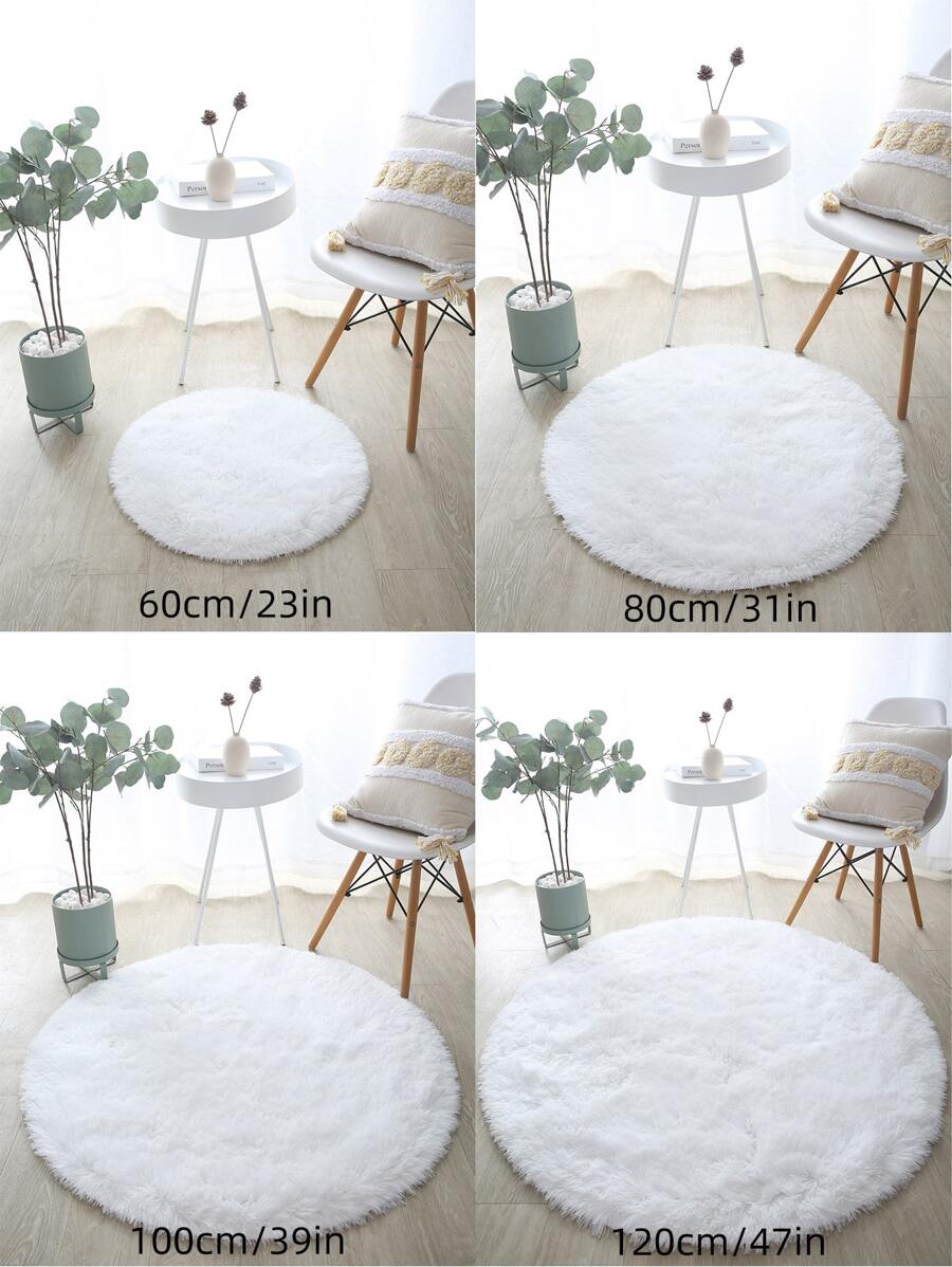 Plain Round Fuzzy Rug, Simple White Polyester Plush Carpet, For Home ...