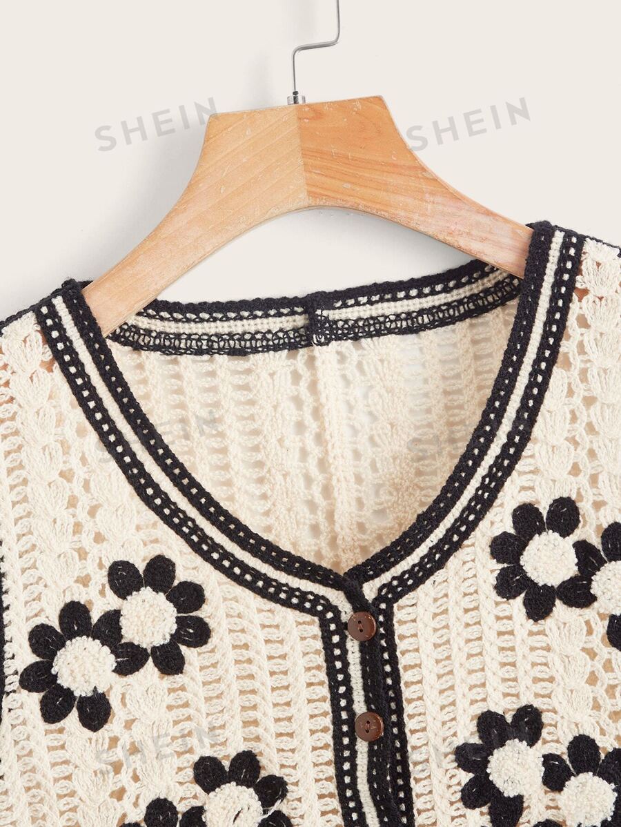 SHEIN VCAY Floral Pattern Pointelle Knit Sweater Vest | SHEIN UK