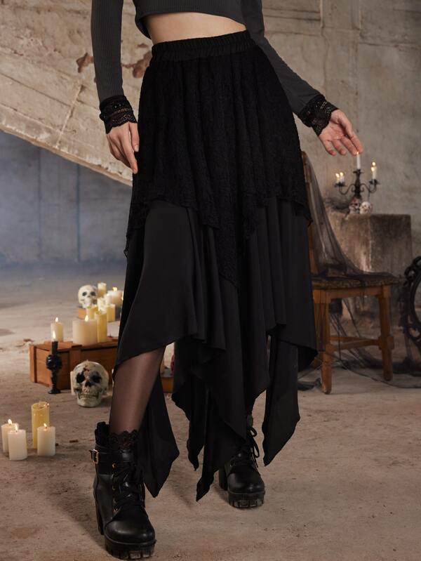 Goth Contrast Lace Asymmetrical Skirt | SHEIN UK