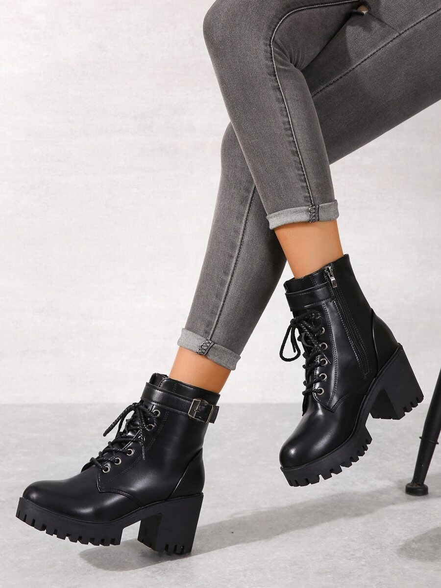 Punk Style Boots With Buckle Decoration, Side Zipper & Lace Up Design ...