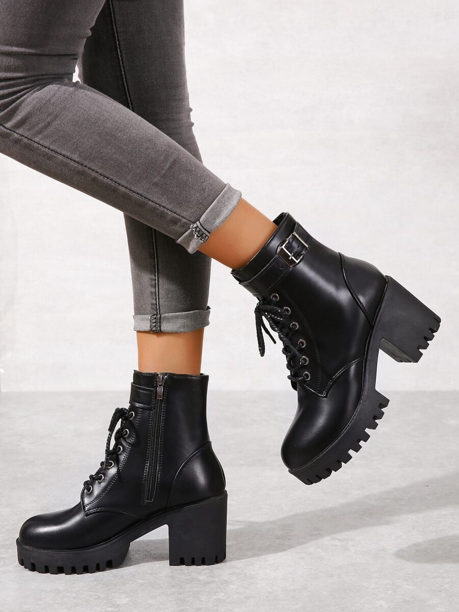 Punk Style Boots With Buckle Decoration, Side Zipper & Lace Up Design ...