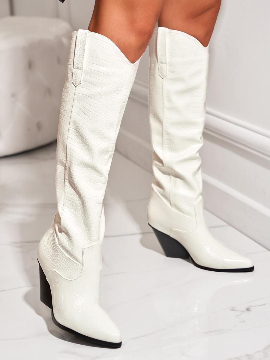 Crocodile Embossed Point Toe Heeled Western Boots | SHEIN USA