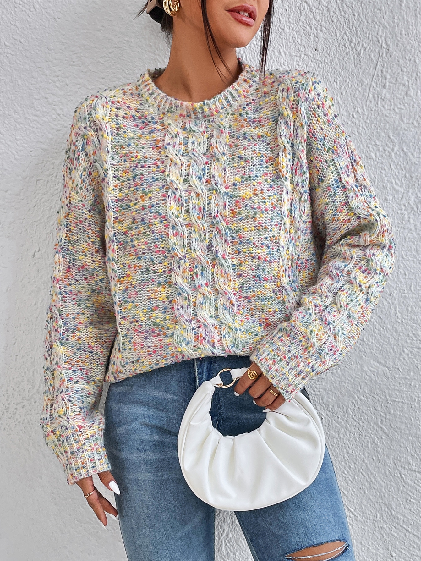 Space Dye Mock Neck Drop Shoulder Cable Knit Sweater Shein Usa