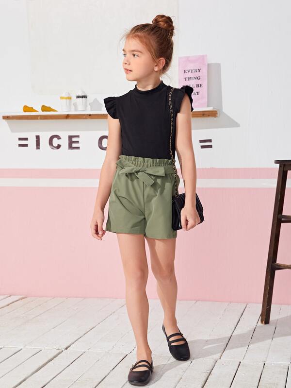 SHEIN Kids EVRYDAY Girls Ruffle Trim Top & Paperbag Waist Belted Shorts ...