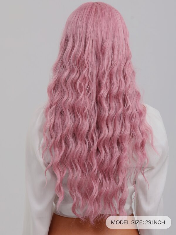 Water Wave Wigs With Bangs Pink Wigs 28 Inch Heat Resistant Fiber Long ...