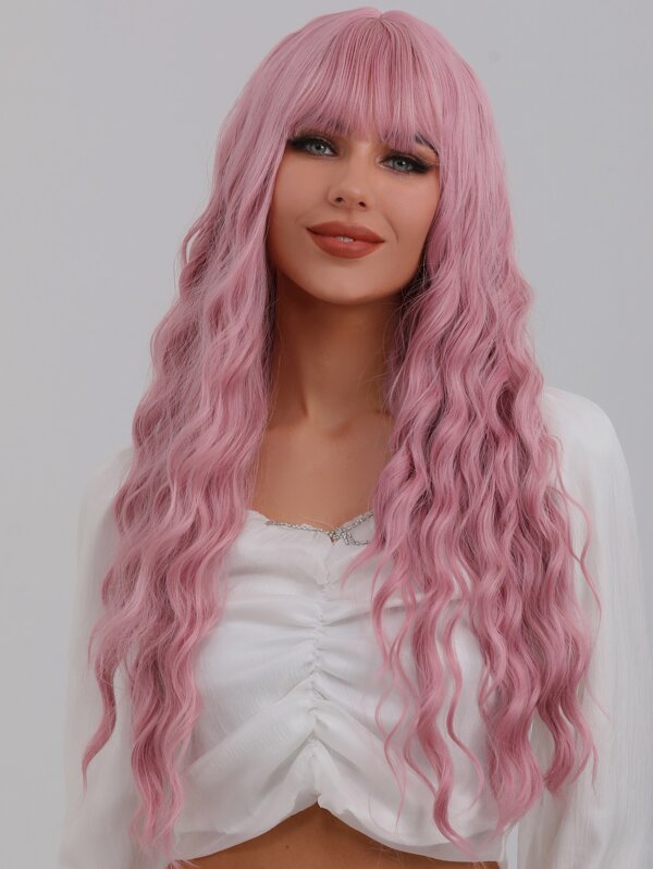 Water Wave Wigs With Bangs Pink Wigs 28 Inch Heat Resistant Fiber Long ...
