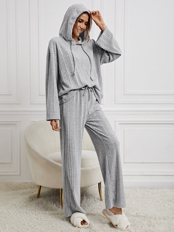 Drop Shoulder Drawstring Hooded Lounge Set | SHEIN USA