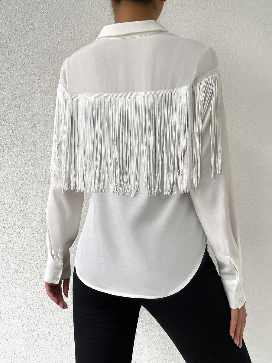 SHEIN LUNE Solid Fringe Trim Shirt | SHEIN UK