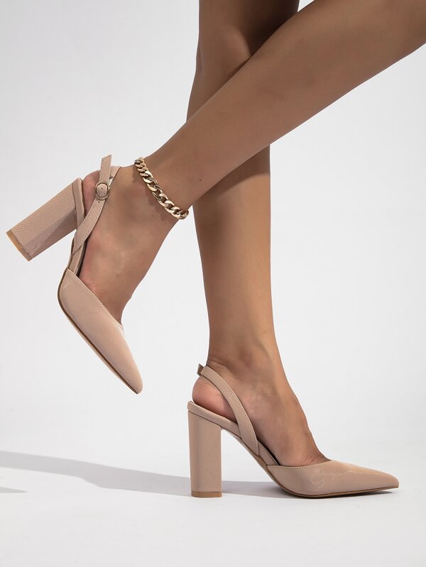 Women Apricot Snakeskin Embossed Pumps, Elegant Point Toe Chunky Heel ...