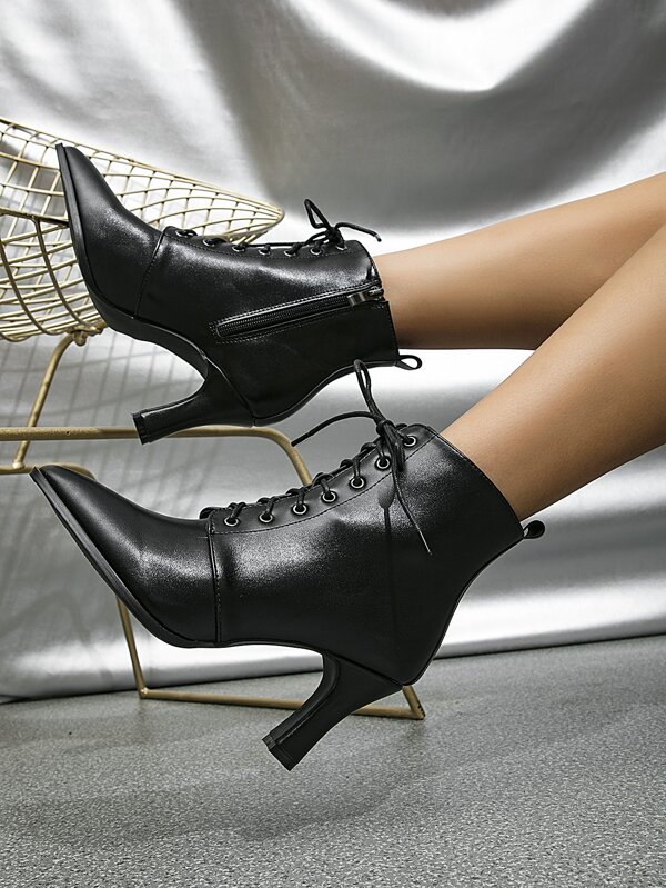 Lace-up Front Point Toe Chunky Heeled Classic Boots | SHEIN USA