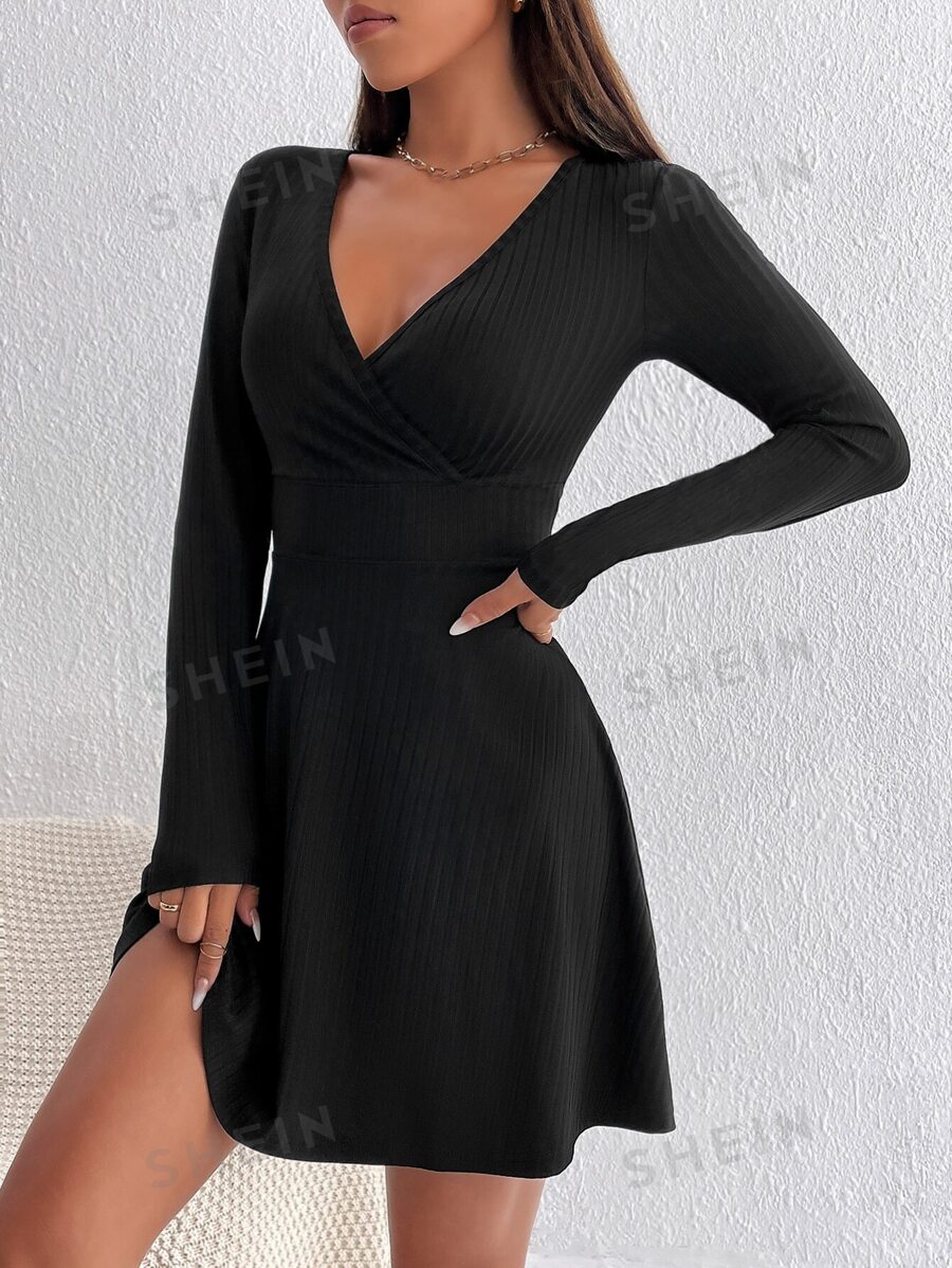 SHEIN PETITE Surplice Neck Rib Knit Dress | SHEIN UK