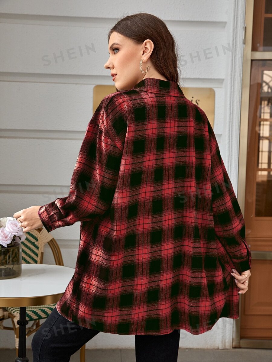 SHEIN Essnce Plus Plaid Button Up Drop Shoulder Shirt | SHEIN UK