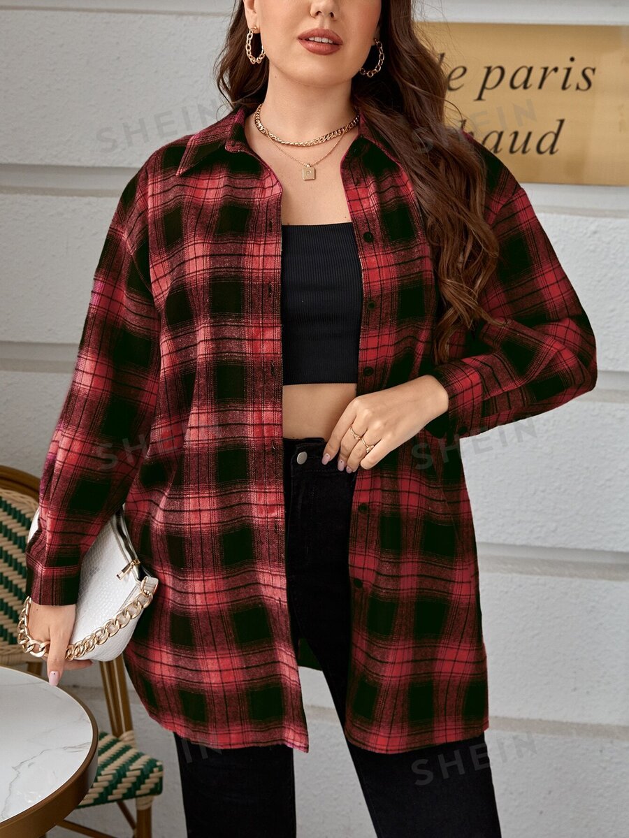 SHEIN Essnce Plus Plaid Button Up Drop Shoulder Shirt | SHEIN UK