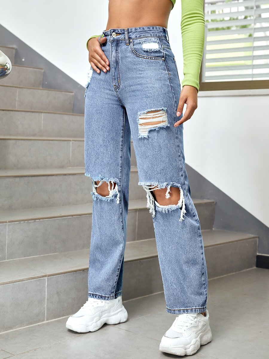 SHEIN ICON High Waist Ripped Straight Leg Jeans | SHEIN USA