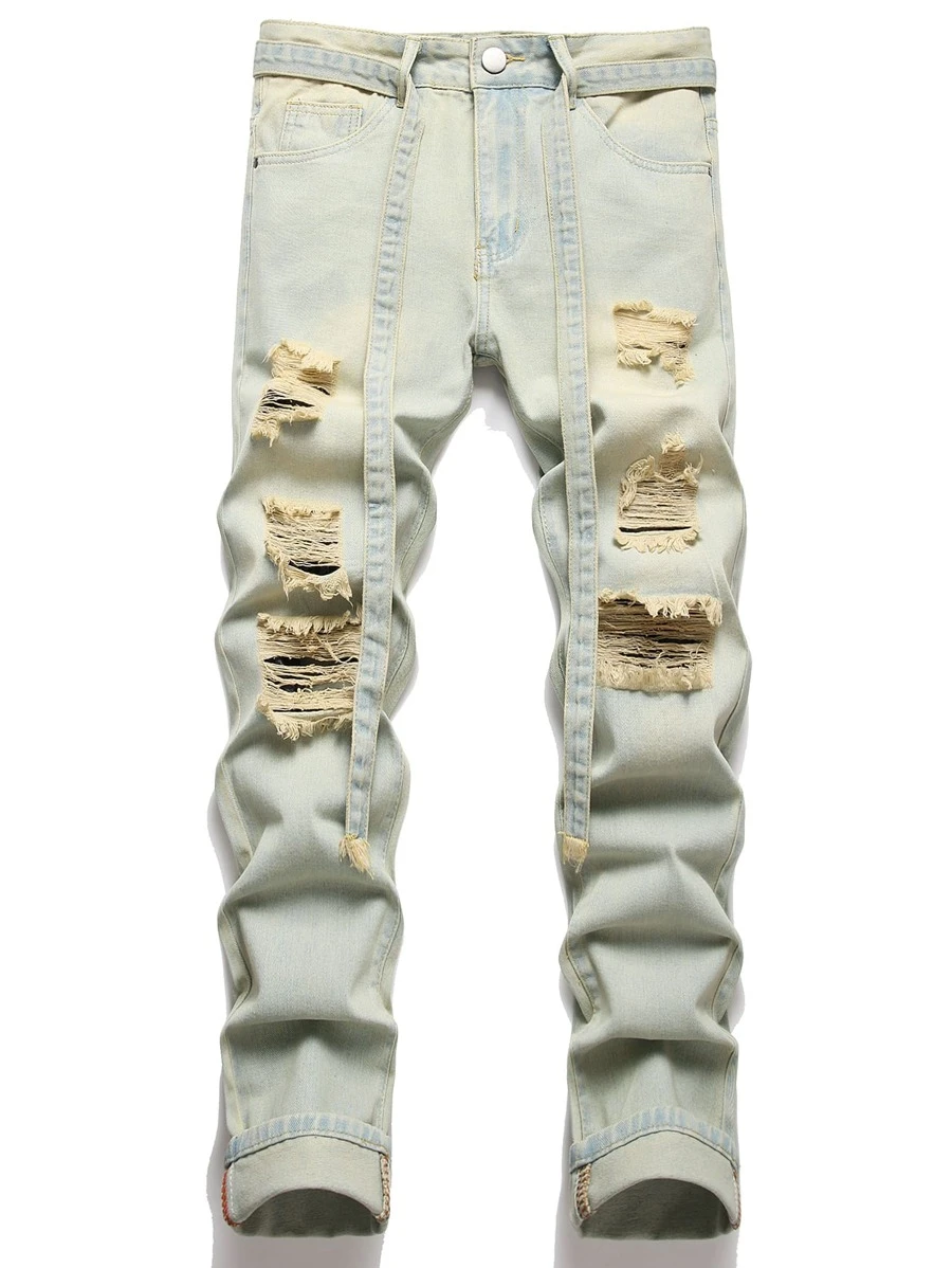 Men Ripped Frayed Belted Jeans | SHEIN USA