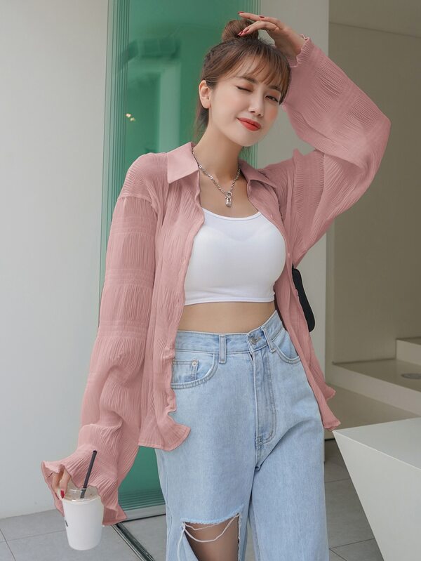 DAZY Solid Textured Semi-sheer Shirt | SHEIN USA