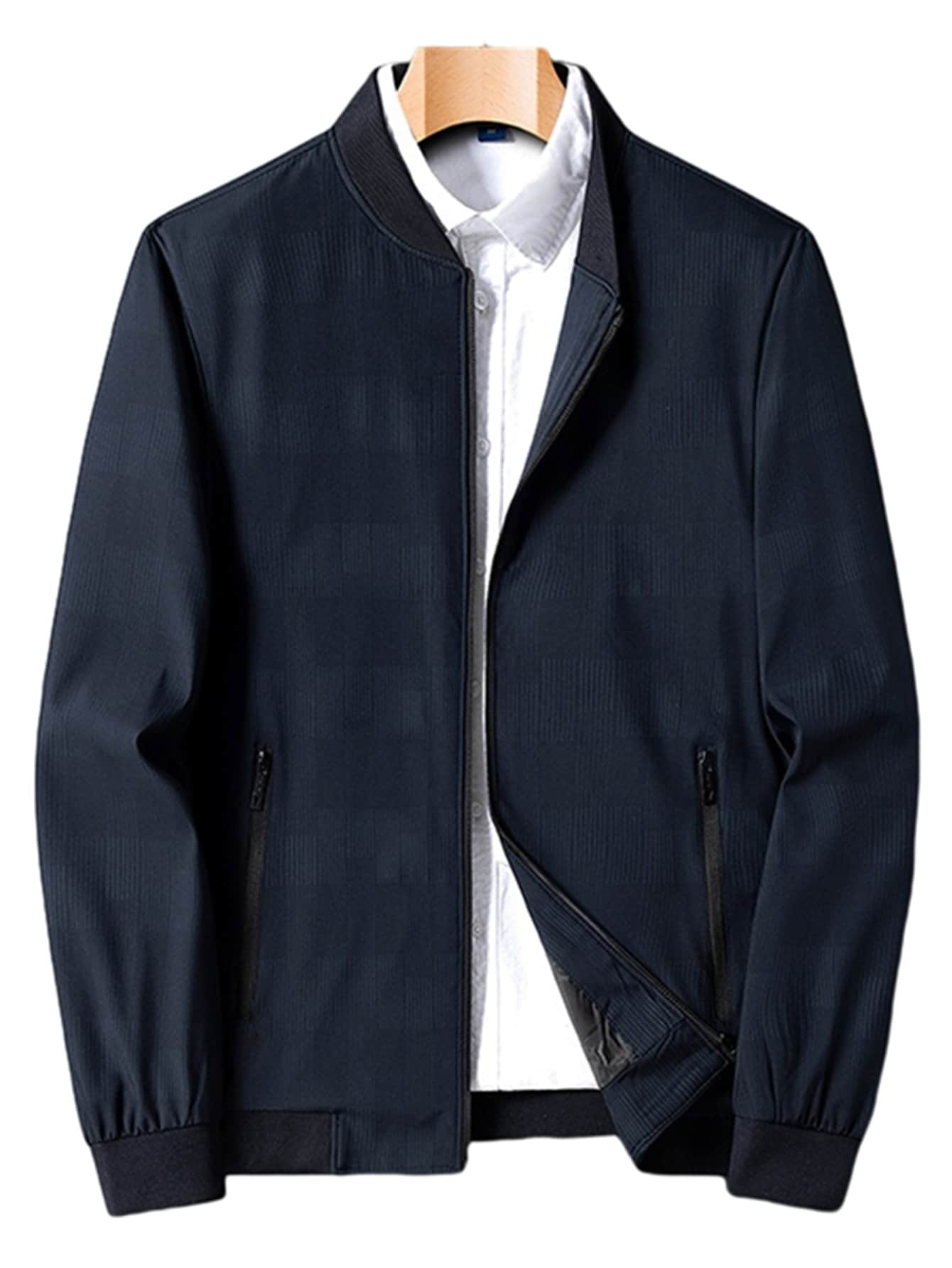 Men Solid Zip Up Bomber Jacket Without Shirt