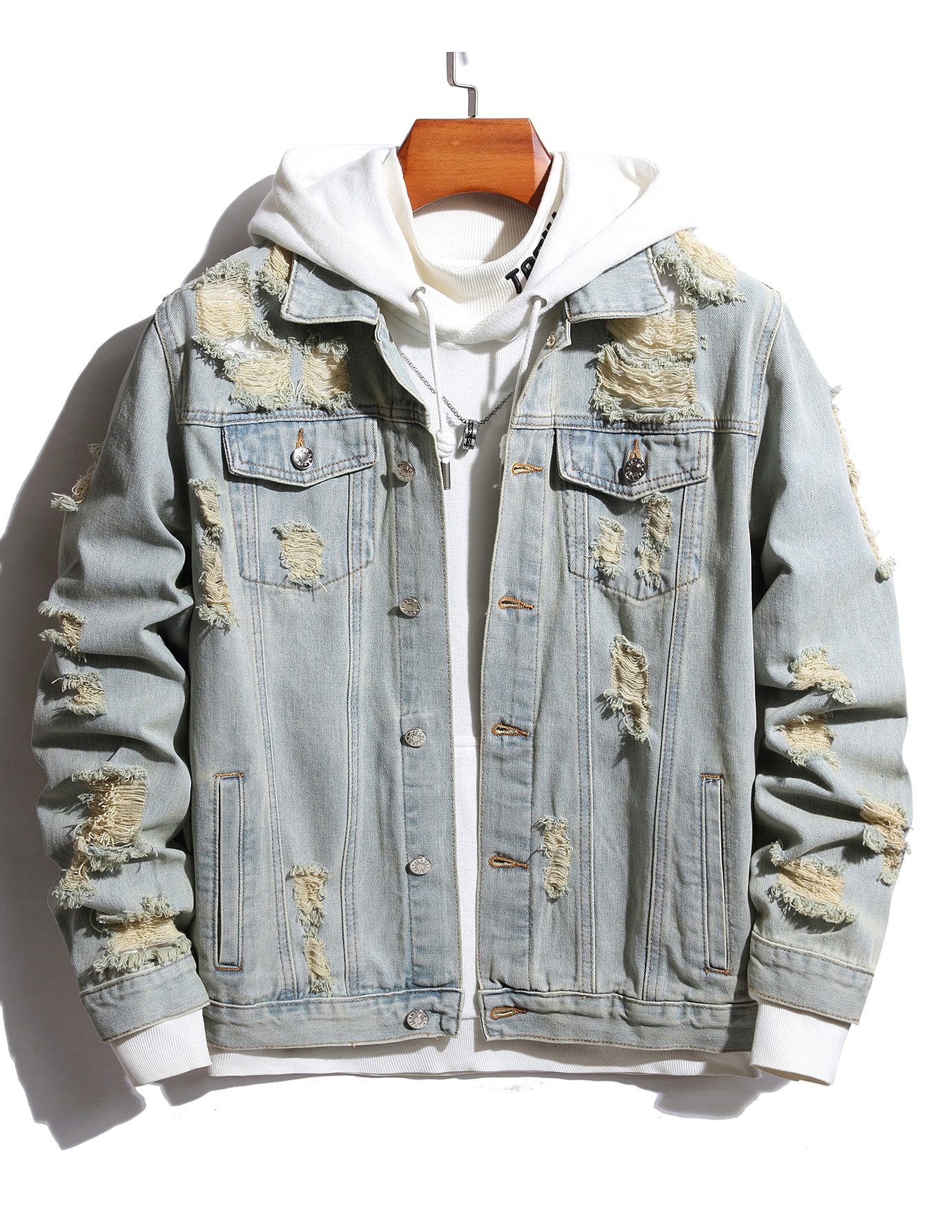 Men Ripped Flap Pocket Denim Jacket Without Hoodie