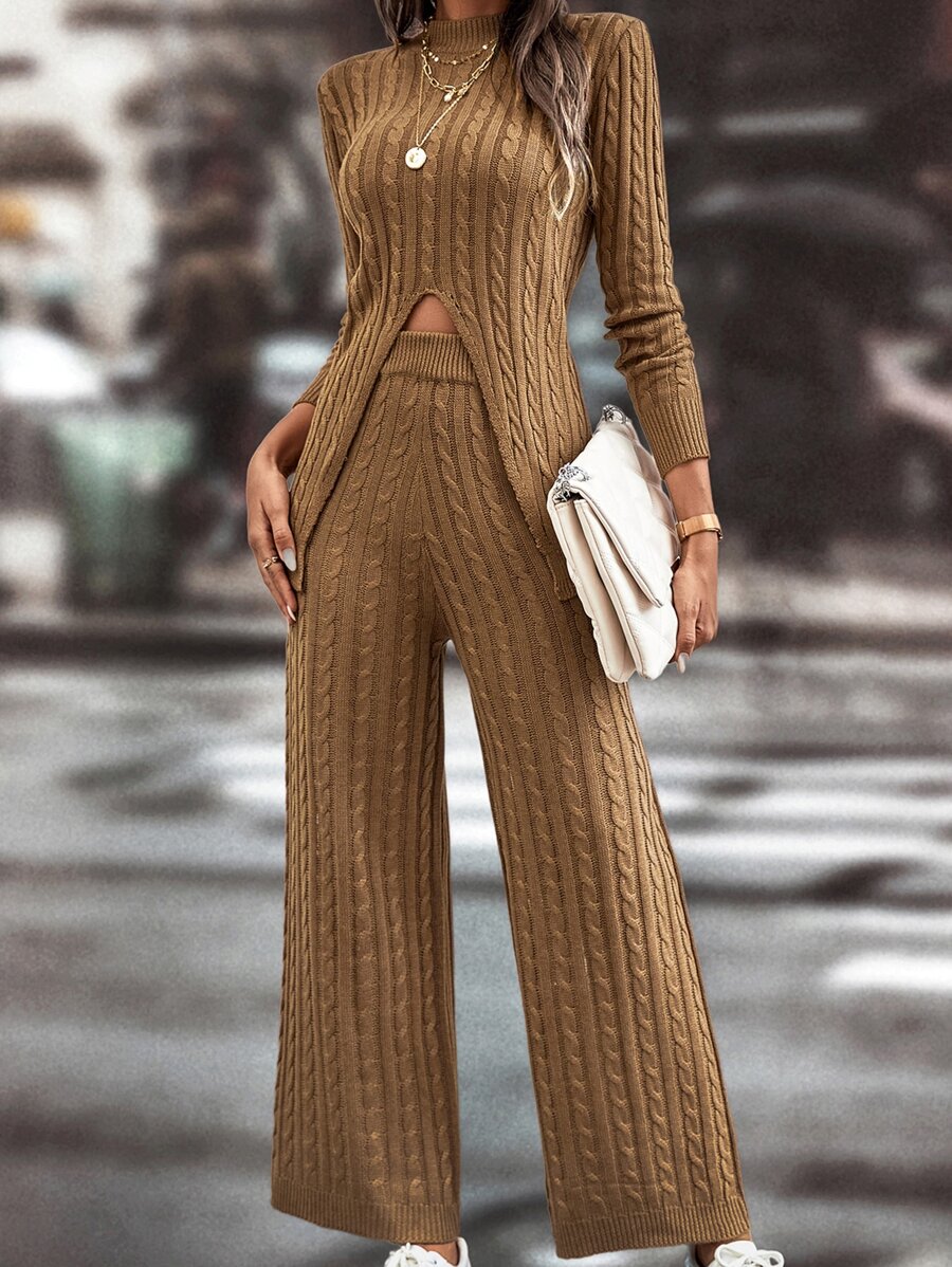 EMERY ROSE 1pc High Waist Cable Knit Pants | SHEIN USA